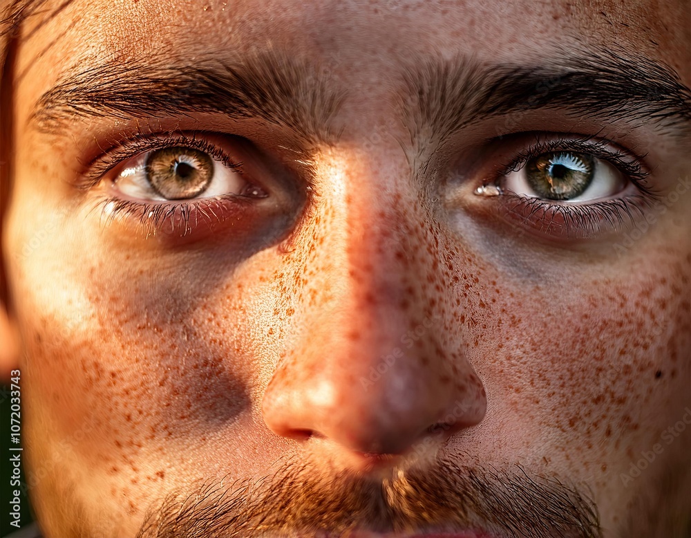 Close-up photography of a male face with freckles illuminated by ...
