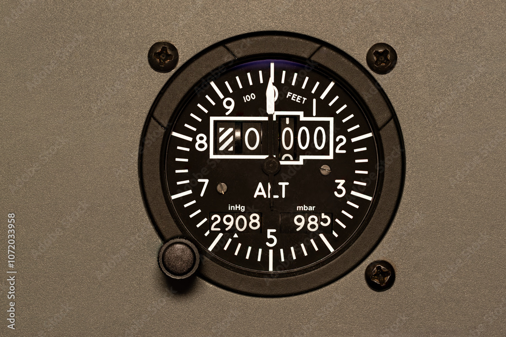 Aircraft altimeter set to zero feet above sea level. Analog airplane ...