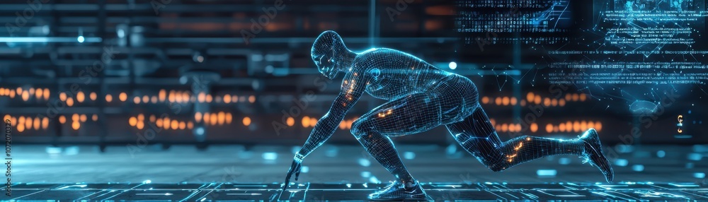 AI-enhanced fitness gear, a futuristic humanoid robot in a dynamic pose, surrounded by glowing ...