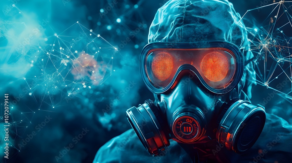 A 3D gas mask with floating 2D icons for air quality and contamination ...