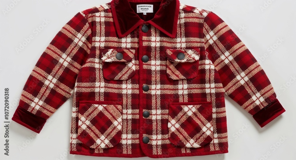 Red plaid wool shacket with snap buttons and chest pockets display on ...