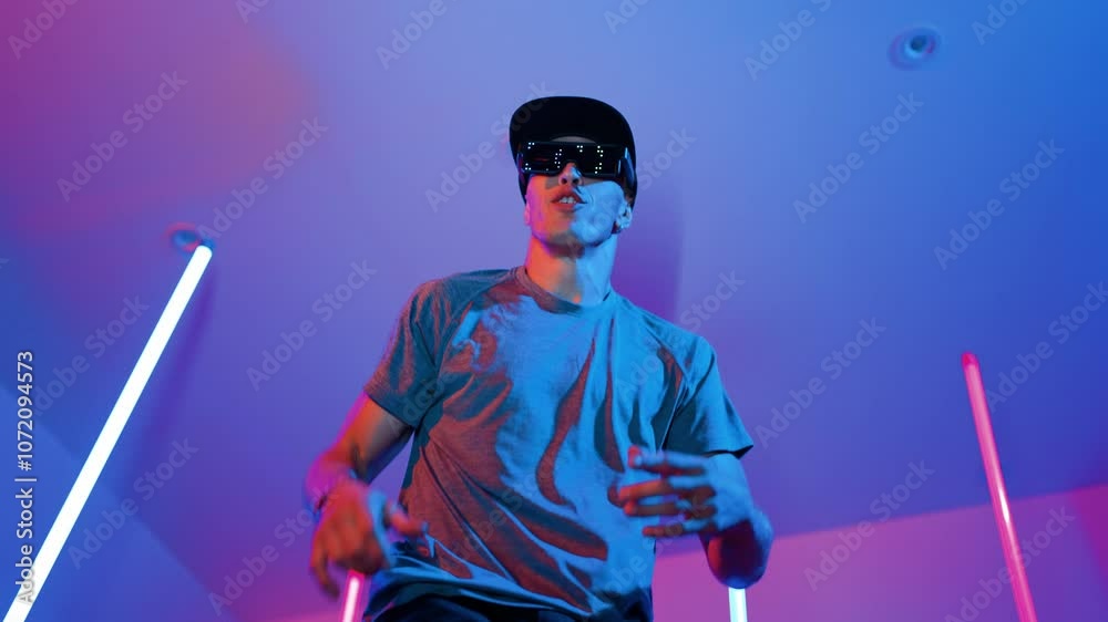 Low angle camera of caucasian dancer wearing fancy glasses and ...