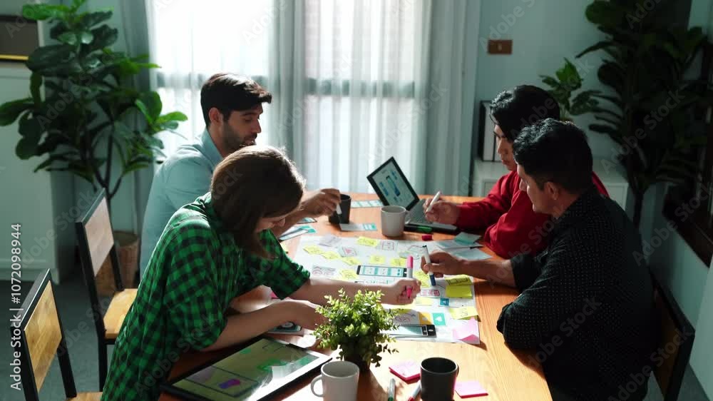 Top view of business team brainstorming and sharing idea by using mind ...