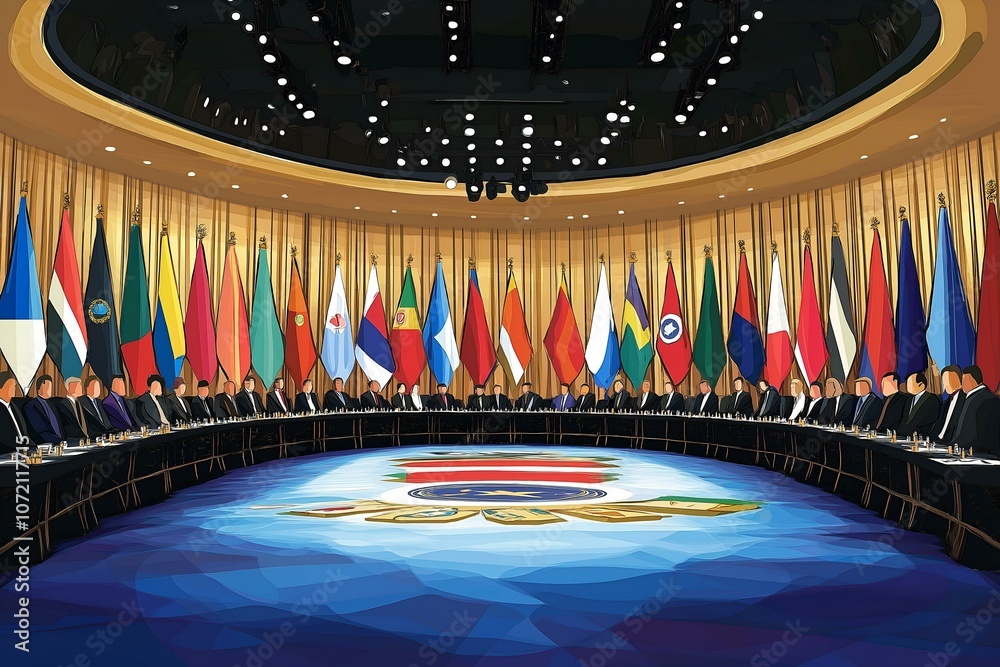 Global Leaders' Summit: Flags and Logo Against the Backdrop of Global ...