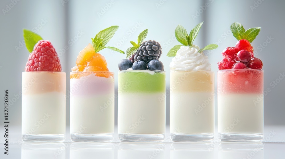 A selection of yogurt parfaits prepared in small glass jars, each ...
