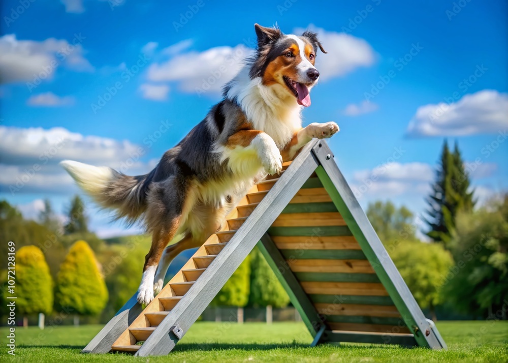 Australian Shepherd Skillfully Climbing A-Frame in an Outdoor Agility ...