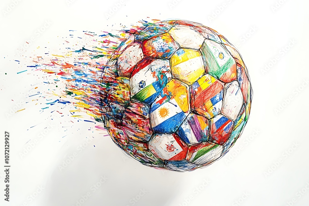 World map with country flags around the soccer ball. 3D illustration ...