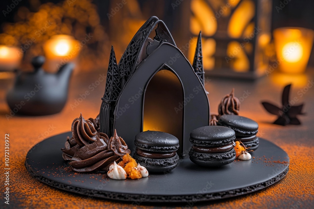 Dark, moody image of black macarons and rich chocolate cake, in a ...