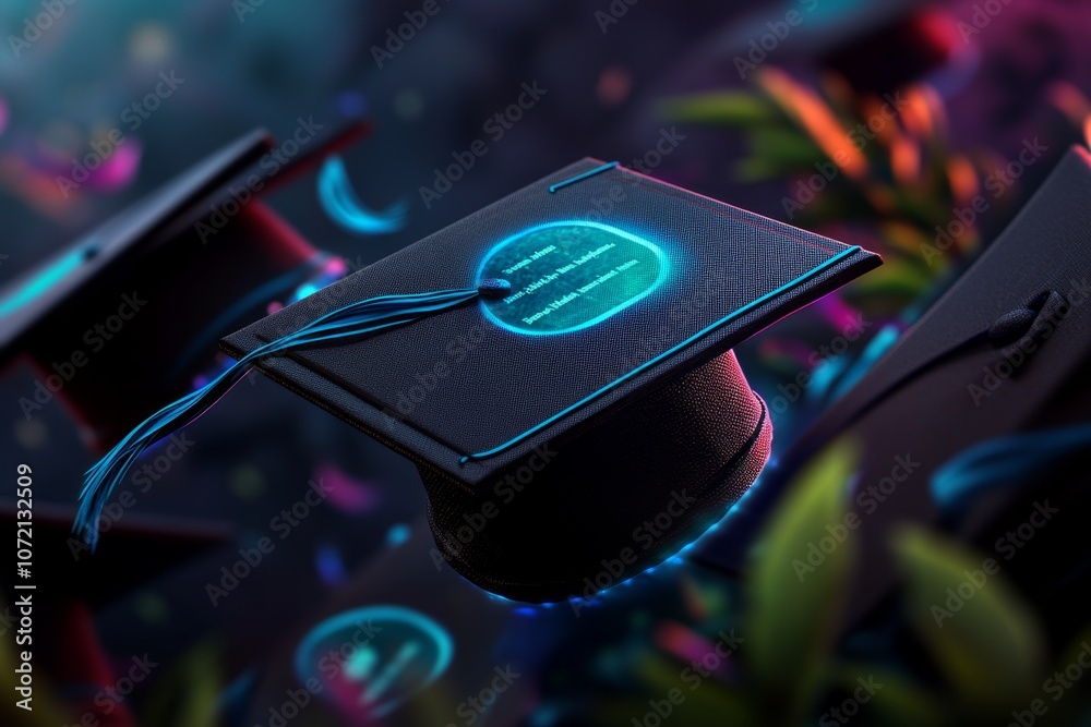 Futuristic graduation scene with holographic diplomas and digital caps ...