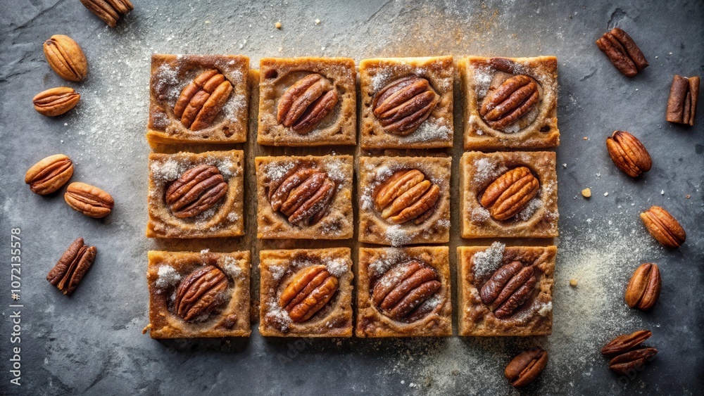A dozen pecan-topped squares of sweet goodness, dusted with powdered ...