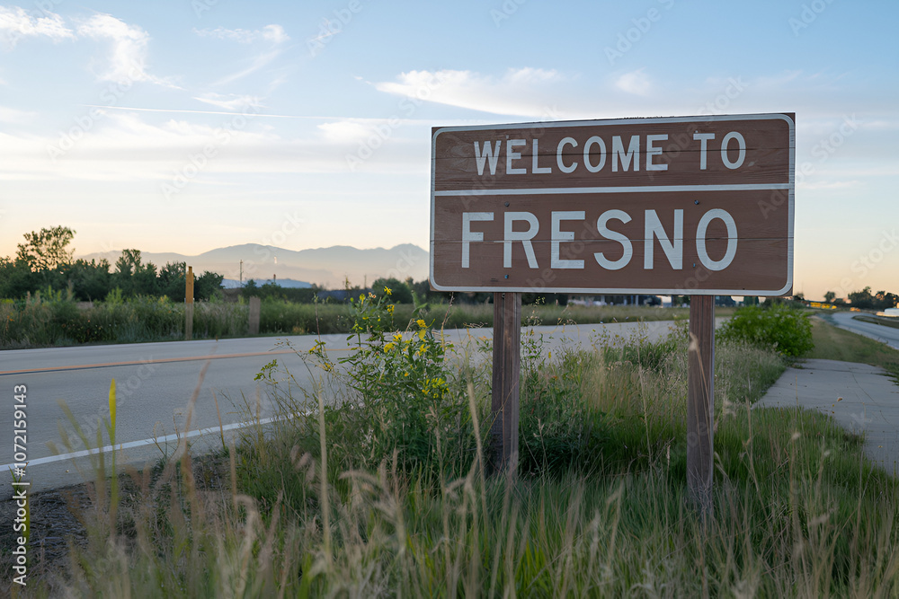 Elegant wooden "Welcome to Fresno" sign, ideal for US city entrance ...
