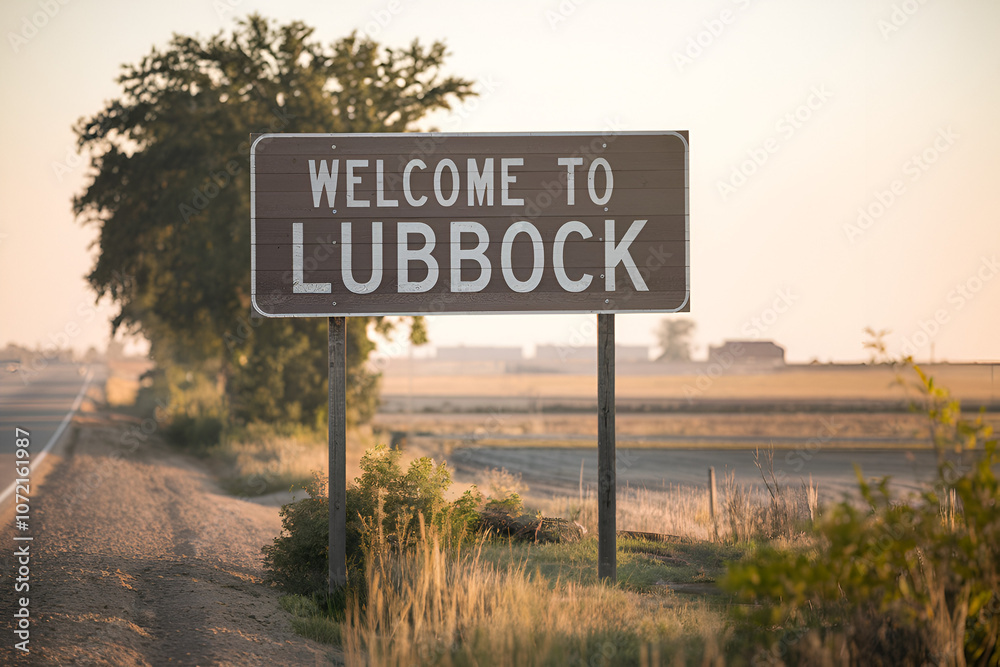 Beautiful wooden "Welcome to Lubbock" sign, ideal for US city entrance road signs, travel ...