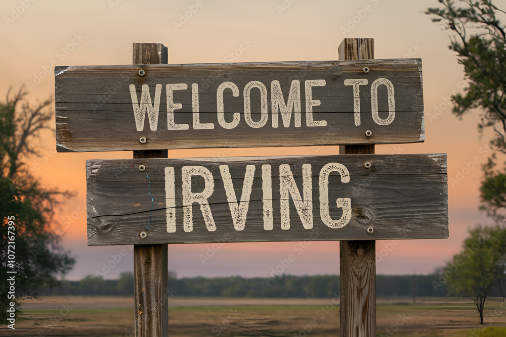Beautiful wooden "Welcome to Irving" sign, perfect for US city entrance ...