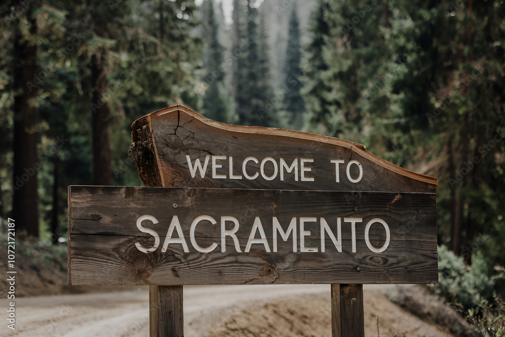 Stylish wooden "Welcome to Sacramento" sign, ideal for US city entrance ...