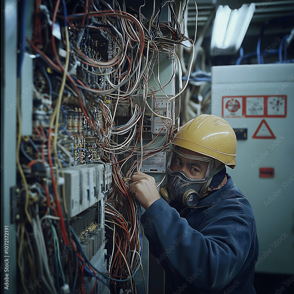 An electrician works diligently on a high-voltage circuit, navigating ...