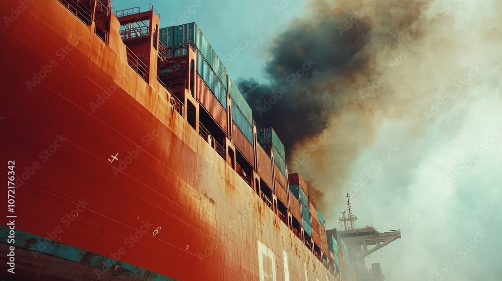 Fire on board an oil tanker at sea. Fire and black smoke aboard the ...