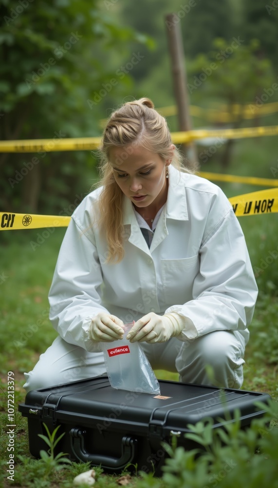 Blonde Woman in Forensic Gear Examining a Crime Scene Outdoors. Stock ...