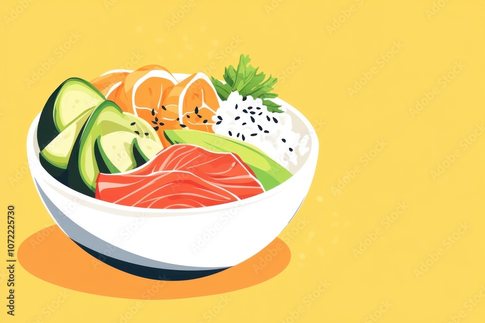 Minimalistic illustration of a deconstructed salmon poke bowl with ...
