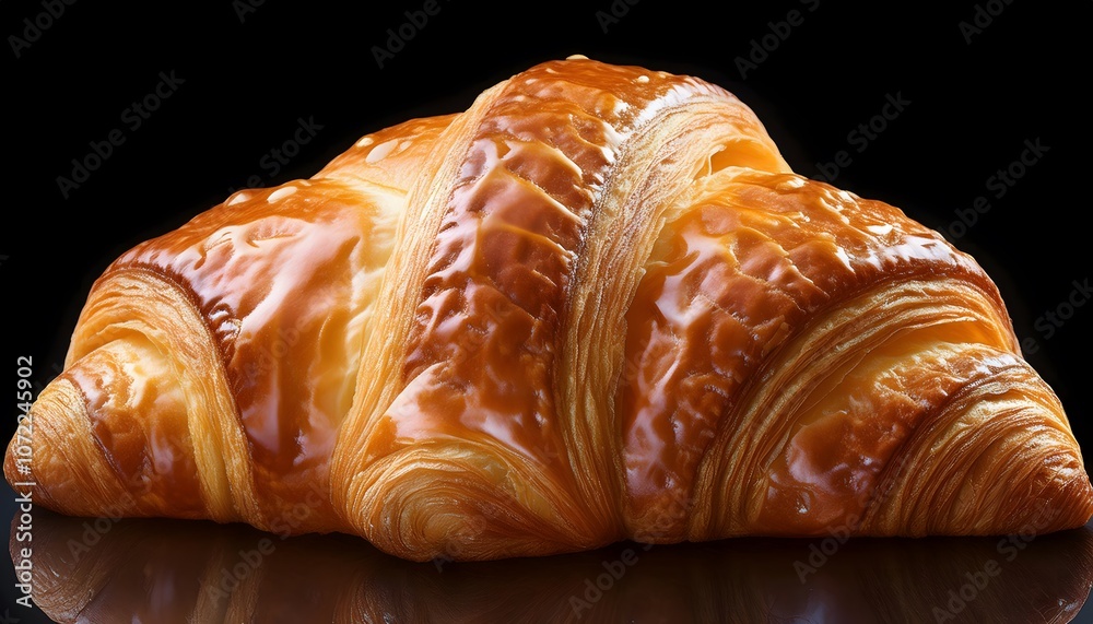 Golden brown croissant pastry close up showing the crisp, flaky layers ...