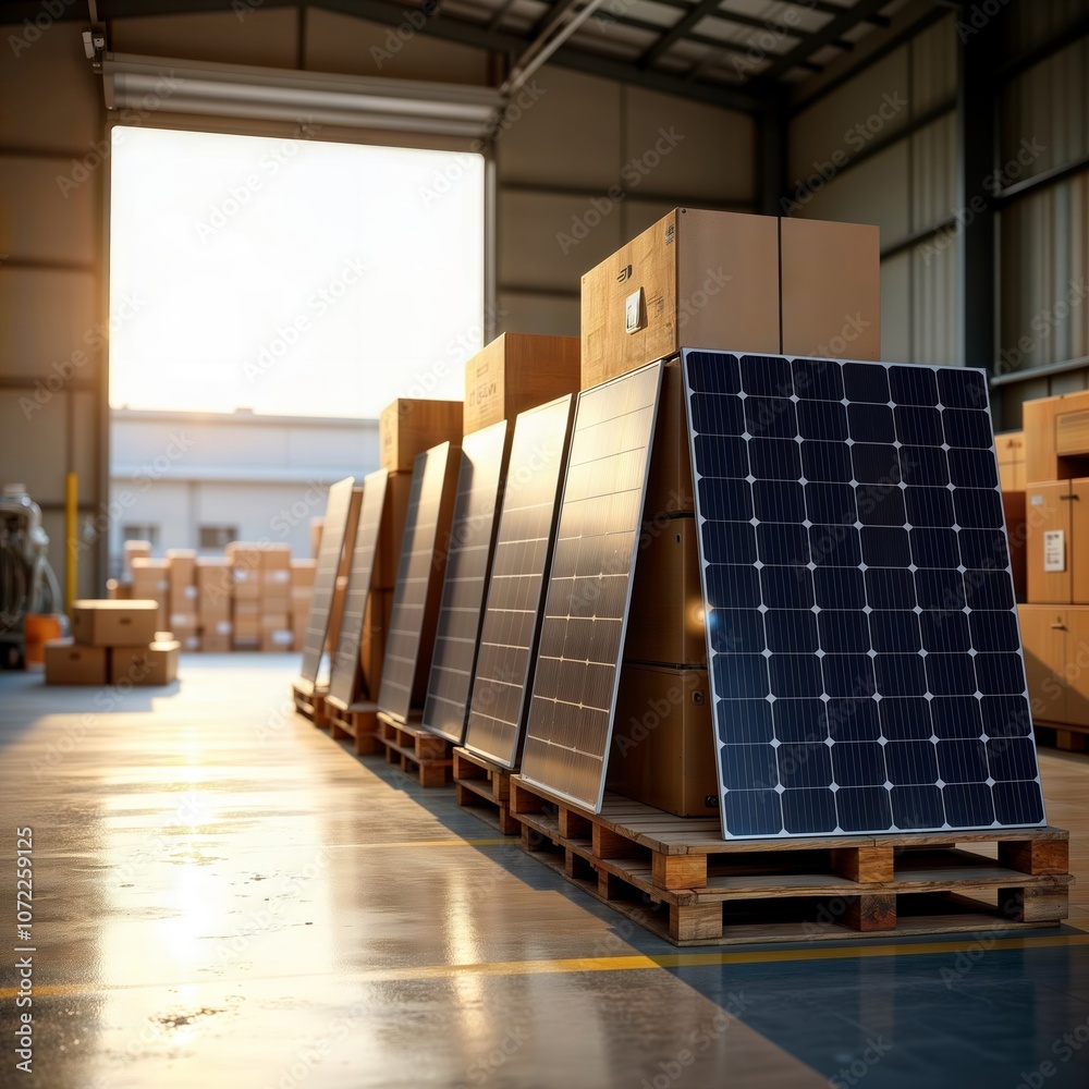 Solar Panels in Warehouse. Monocrystalline solar panels and cardboard ...