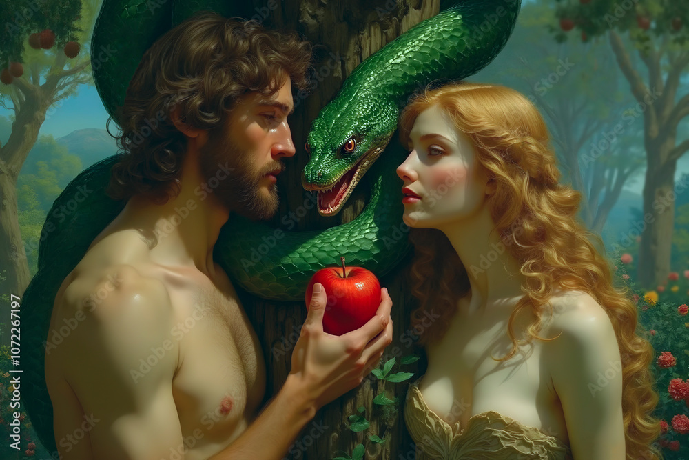 lapse from virtue. Adam and Eve in Garden of Eden. Eva giving Adam red apple. serpent tempter in ...