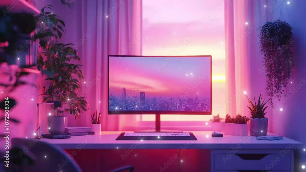 A cozy modern streamer’s room with vibrant sunset hues illuminating the ...
