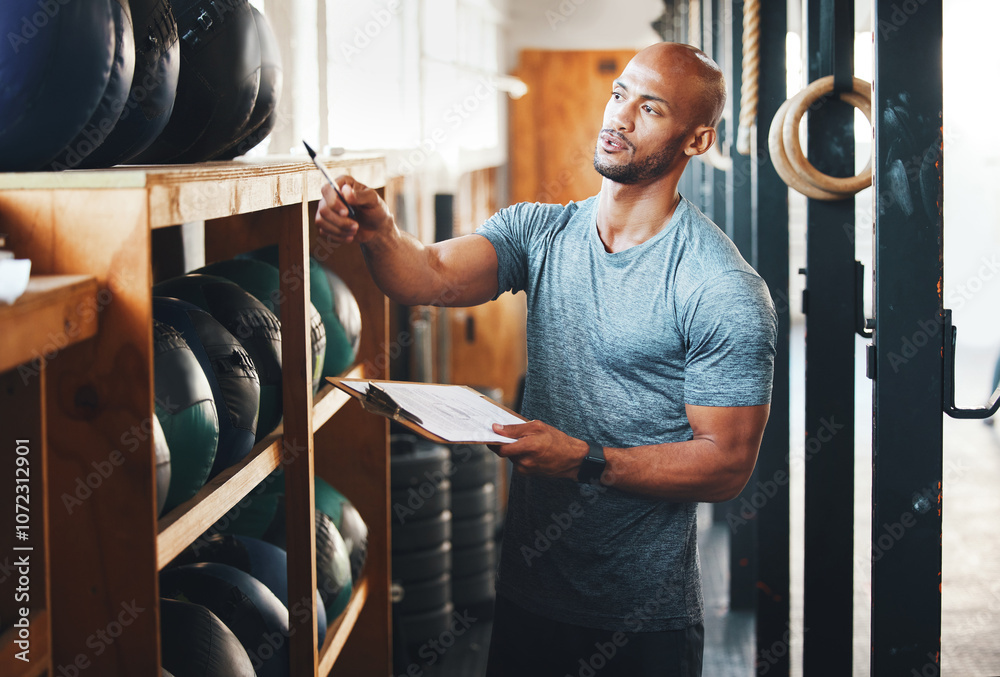 Counting, clipboard and checklist with man in gym for fitness ...