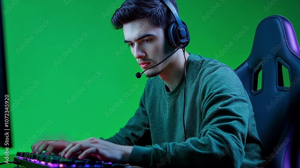 Professional gamer wearing headset concentrating playing on a computer ...
