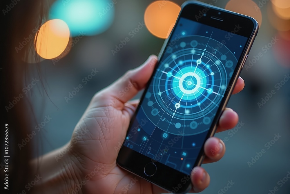 Futuristic smartphone interface with digital touchscreen and ...