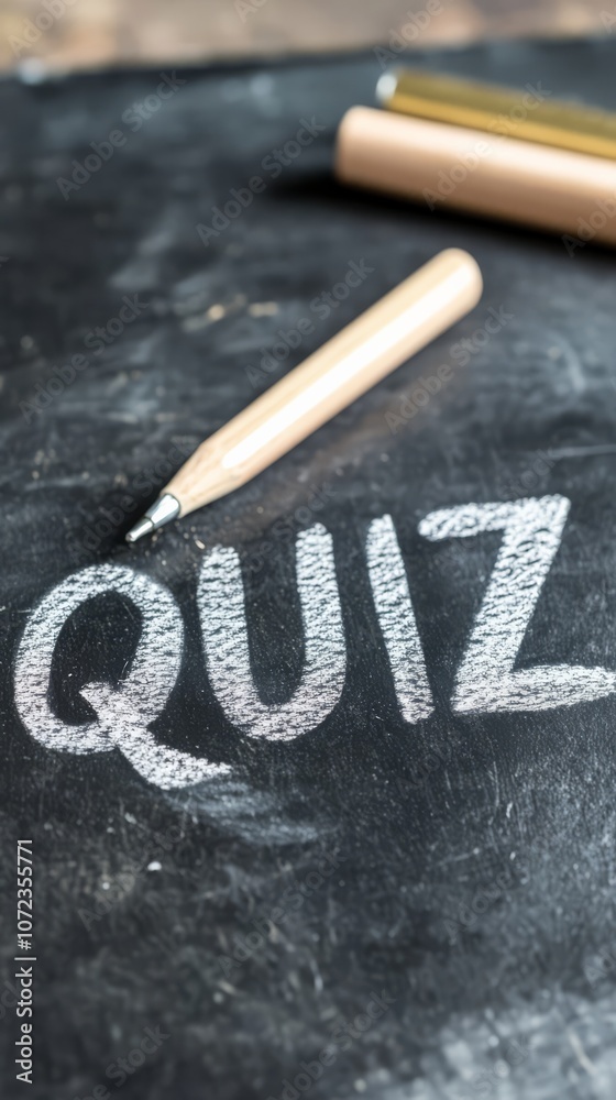 Chalkboard Quiz Time: A close-up shot of a chalkboard with the word ...
