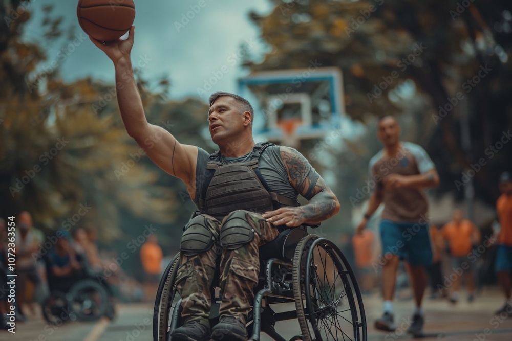 A determined athlete in a wheelchair prepares to shoot a basketball ...