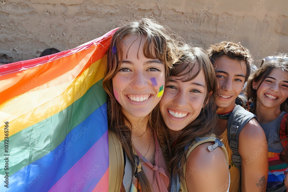 Group of smiling young people holding a rainbow pride flag, celebrating ...