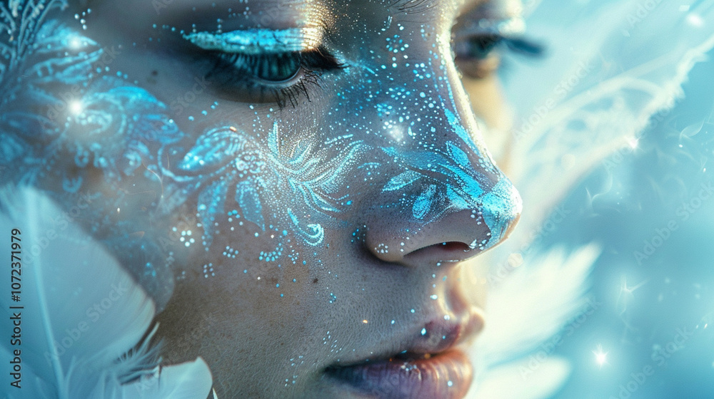 A close-up of an angelic face with intricate, glowing markings on the ...