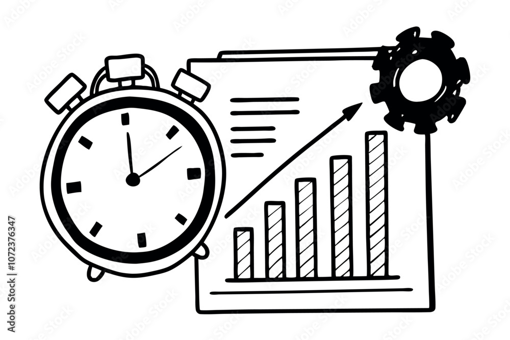 Clock and increasing chart. Workflow productivity increase, work ... Clock and increasing chart. Workflow productivity increase, work ...