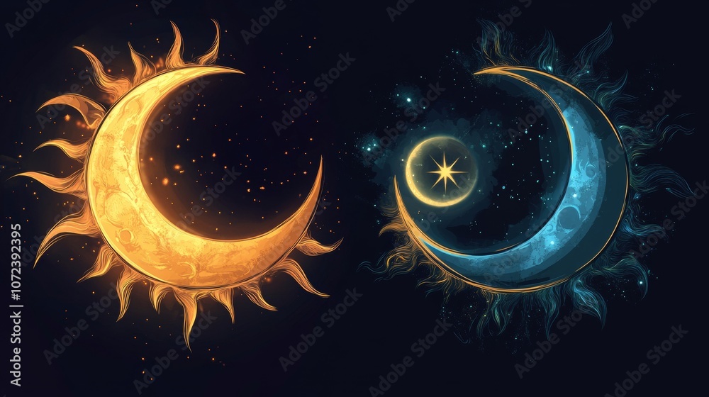 Sun and moon icons representing day and night cycles, ideal for time or ...