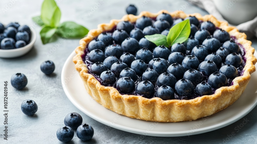 A deep-dish blueberry pie with a buttery, flaky crust overflowing with ...