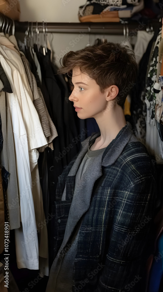 Non-binary 20s person browsing through clothes in their wardrobe ...