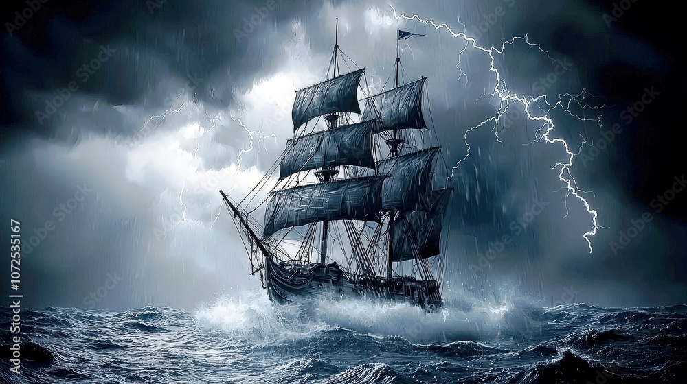 Dramatic Maritime Scene of an Old Sailing Ship Battling Stormy Seas ...