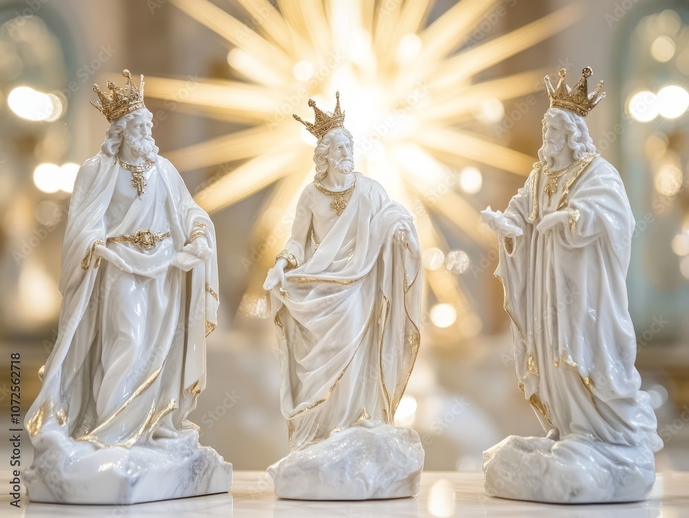 Porcelain statues of the Three Kings with golden crowns in a festive ...