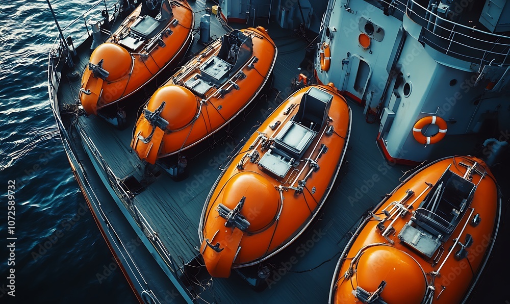Four orange lifeboats secured on a ship's deck, ready for emergency use ...