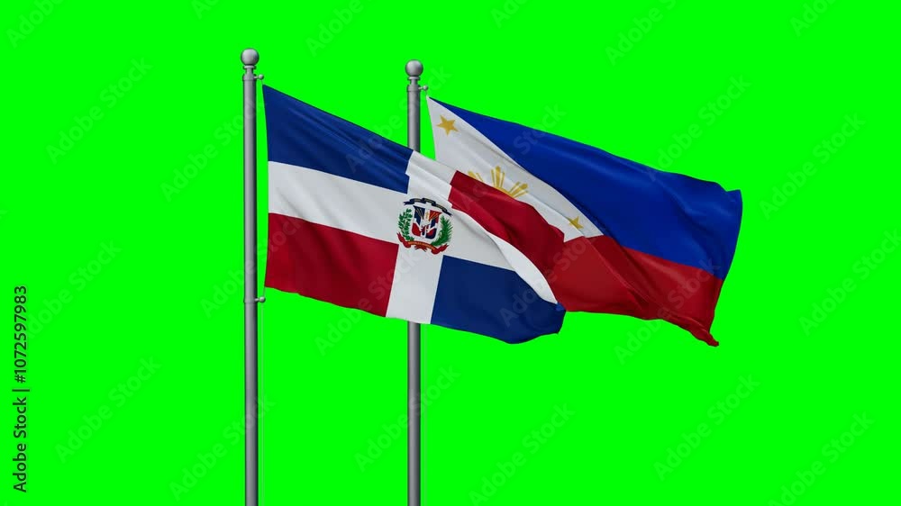 Philippines and Dominican Republic flags flying together, video concept ...
