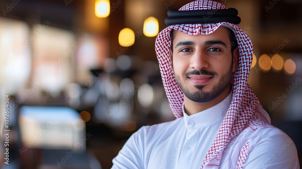 Confident Young Arab Man in Traditional Attire Smiling in a Modern Café ...