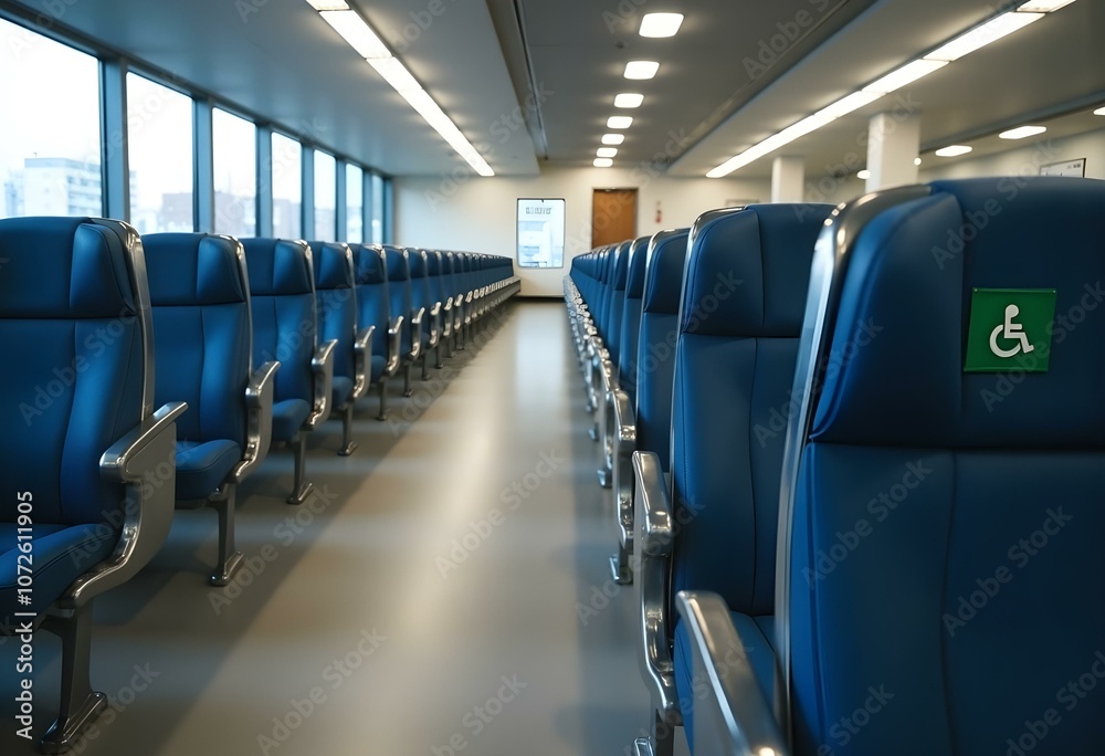 View of rows of seats for disabled passengers in a waiting room at a ...