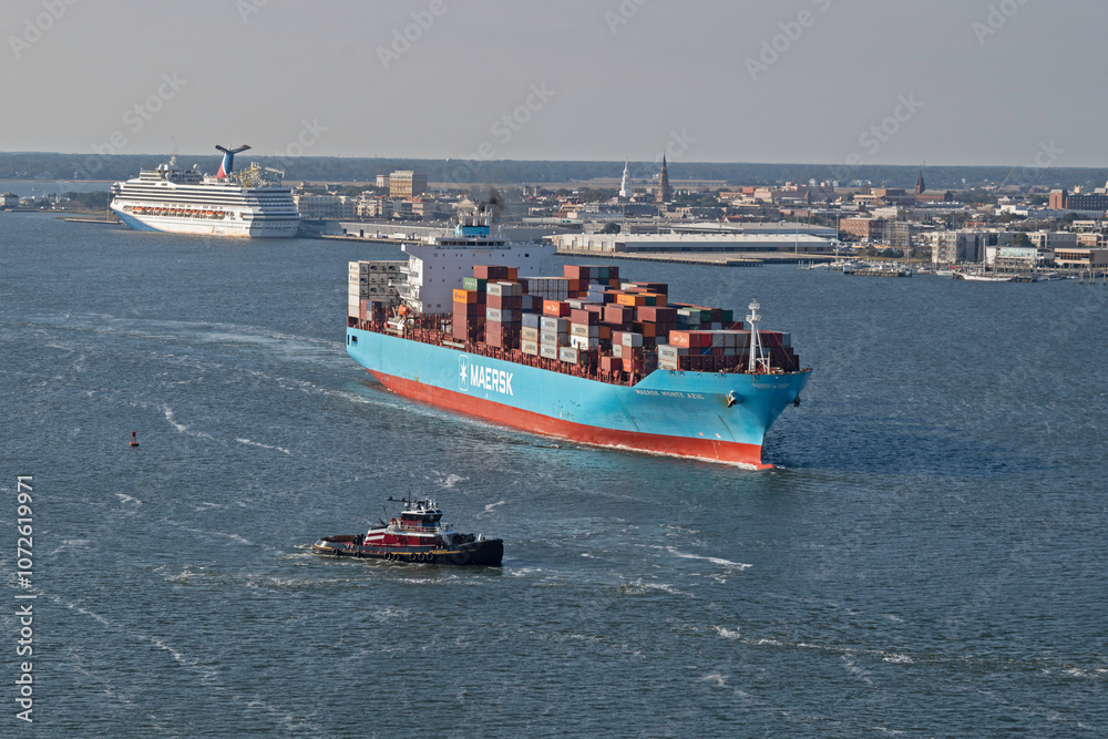 Maersk container ship Monte Azul enters Charleston Harbor, SC, USA, is ...
