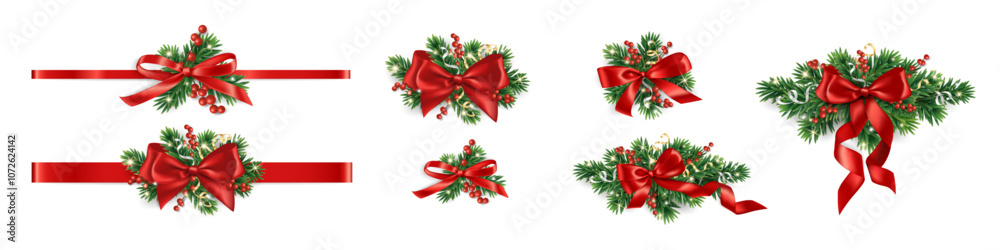 Realistic pine tree branches with red bow and ribbons. Christmas tree ...