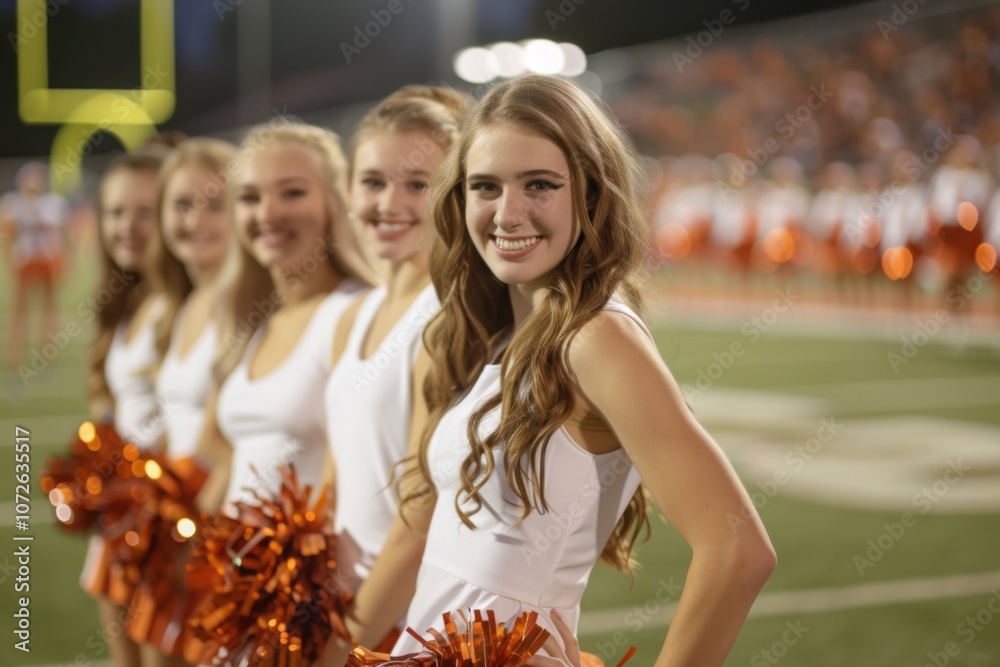High school cheerleader team smiling on a football field during game ...