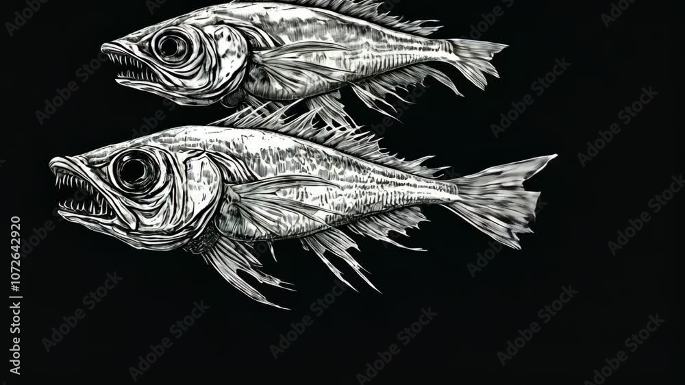 A detailed pen-and-ink drawing of two fish swimming against a black ...