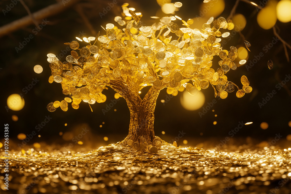 Goldener Baum mit glänzenden Münzen im warmen Licht Stock Photo | Adobe ...