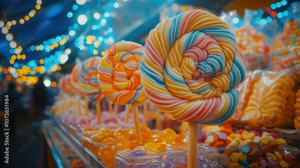 A colorful display of lollipops and other candies. The lollipops are in ...