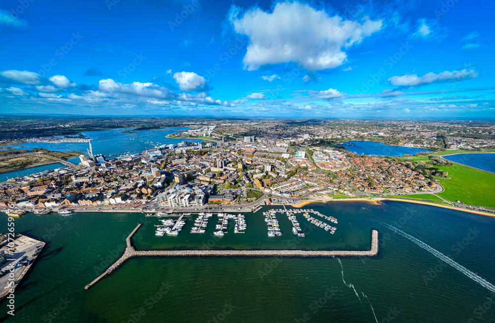 Poster Aerial view of Poole, a coastal town in Dorset, southern England ...